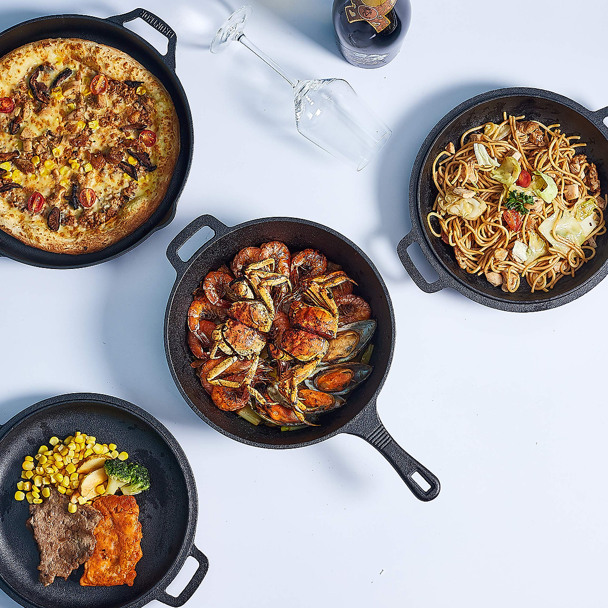 Bruntmor Pre Seasoned 6 pcs Pots And Pans Set - Double Dutch Oven Crockpot - Cooking Set - Cast Iron Skillets and Square Grill Pan with Lid - Outdoor Camping Cookware - Kitchen Accessories