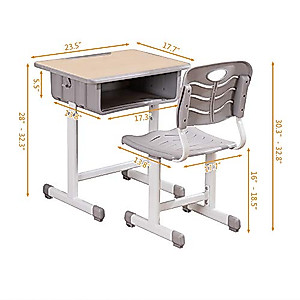 ShowMaven Student Desk and Chair Combo, Height Adjustable Children's Desk and Chair Workstation with Drawer, Pencil Grooves and Hanging Hooks for Home, School and Training (Light Grey&White Oak)