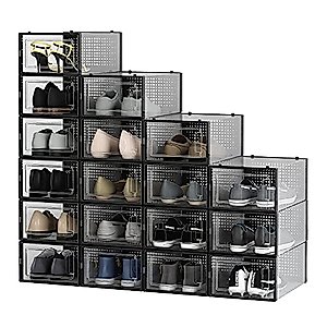 Yescom 18 Pack Shoe Storage Box Clear Shoe Organizer Bins for Closets Stackable Sneaker Container Foldable Home Closet Apartment Use Small Size Black