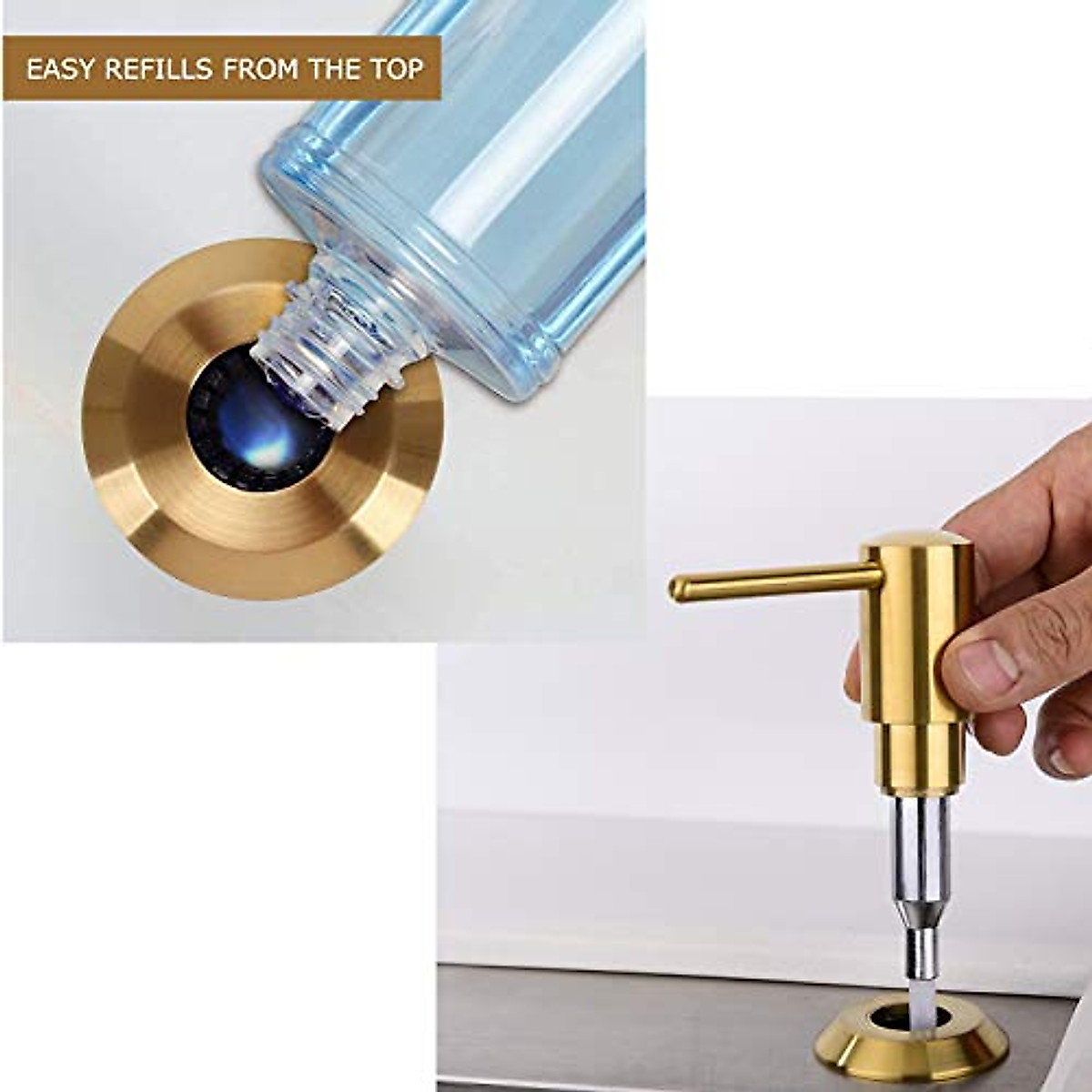 KMEINO Gold Soap Dispenser, Built in Undermount Soap Dispenser Brass Commercial, Brushed Gold Metal Pump Head Liquid Lotion Kitchen Countertop Soap Dispenser with 500ml PP Bottle