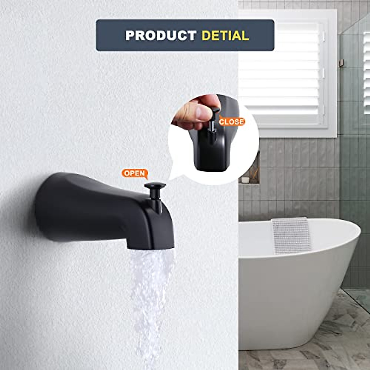 WOWOW Matte Black Shower Faucet Set with Tub Spout and 6-Inch Rain Shower Head, Brass Shower System Single Handle Tub and Shower Trim Kit (Valve Included)