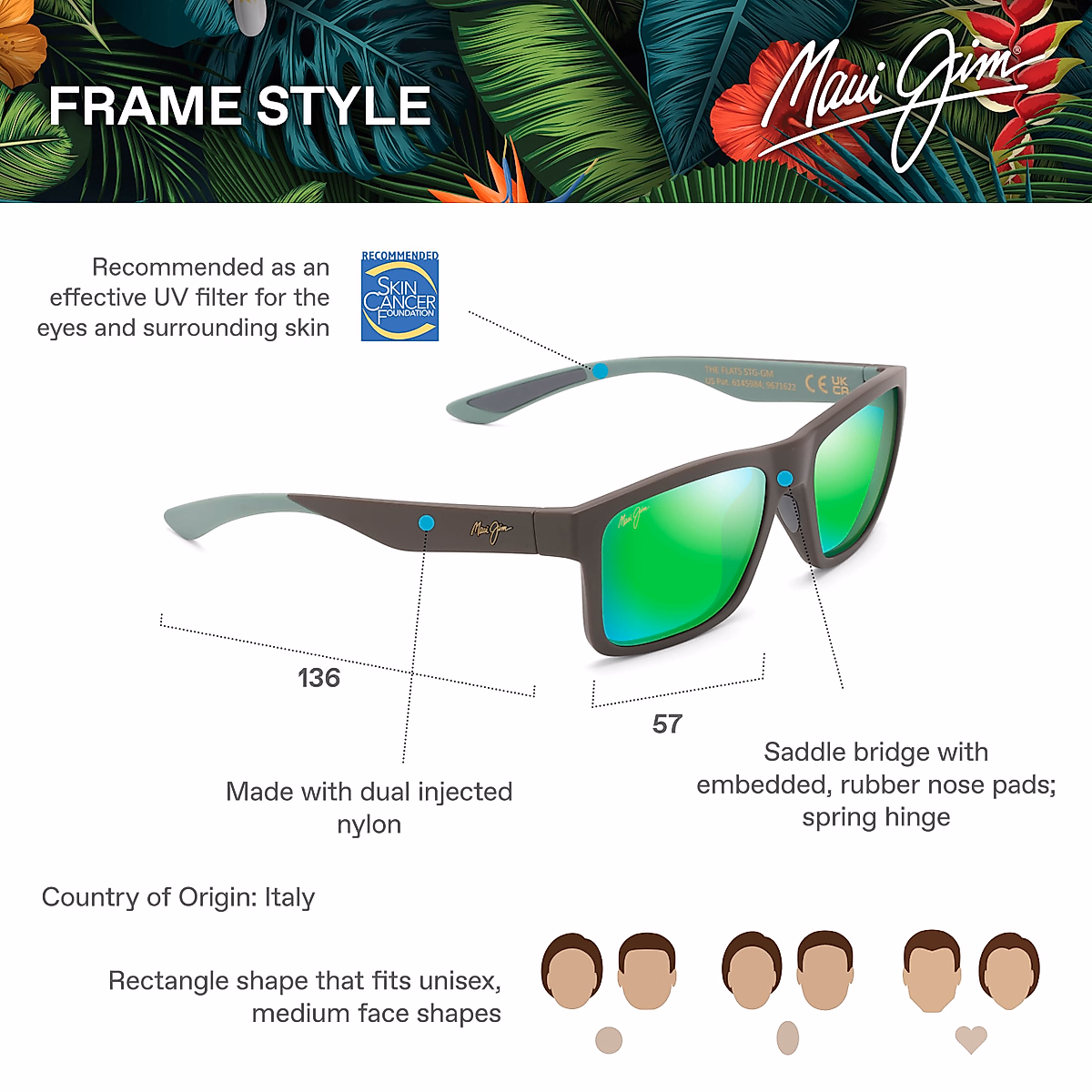 Maui Jim Men's and Women's The Flats Polarized Rectangular Sunglasses, Brown w/Mint Int/MAUIGreen, Medium