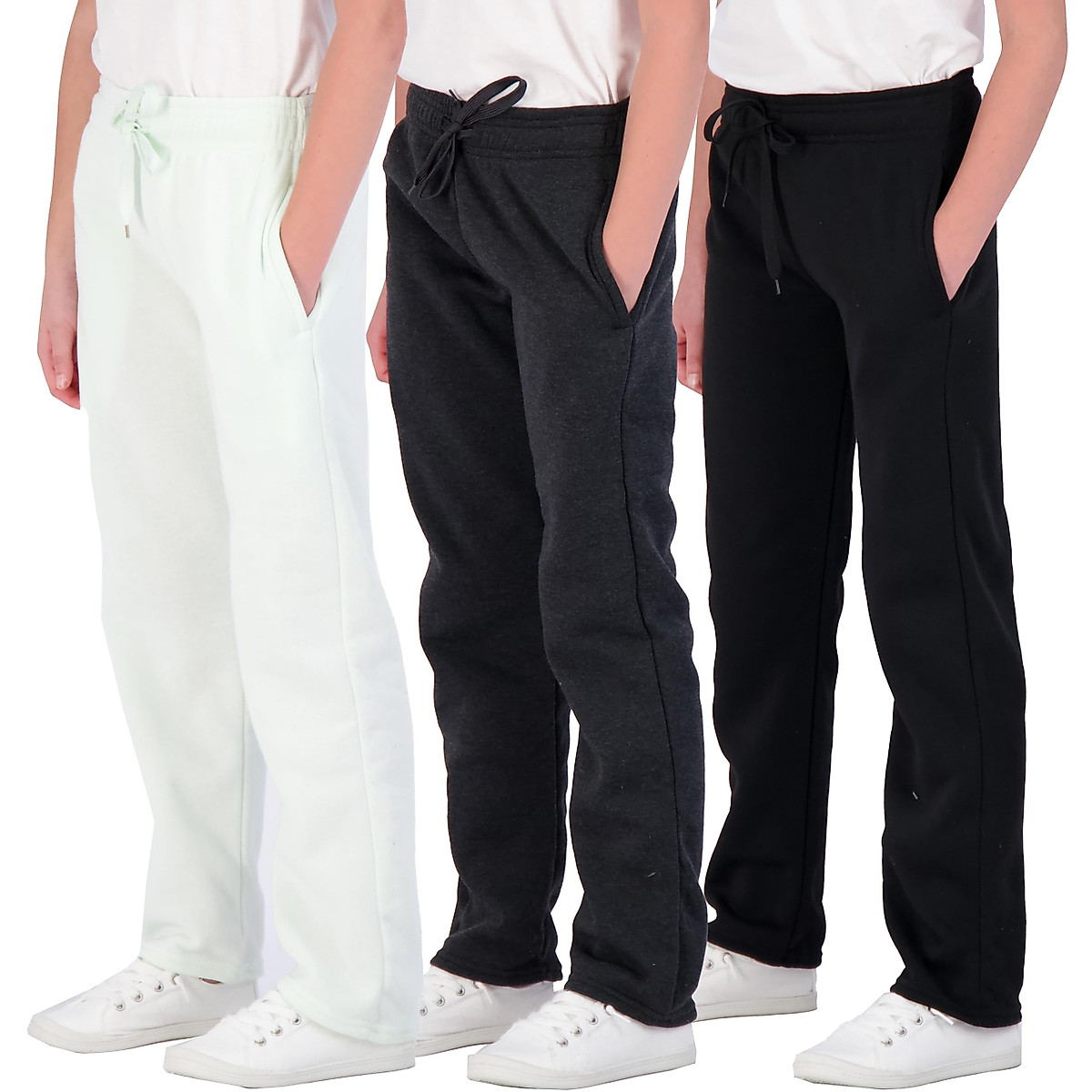3 Pack: Girls Fleece Girl Open Bottom Sweatpants Pants Soft Athletic Pant Track Warm Sweatpant Casual Pockets Lounge Joggers Sports Pajama Kids Clothing Youth Sweats Wide Teen Running -Set 4,L (14)