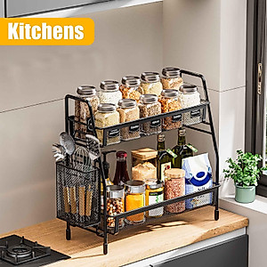 Famhap Bathroom Counter Organizer, Bathroom Organizer Countertop with Side Basket, Kitchen Countertop Organizer, Metal Spice Rack Organizer, Black 13.8"x7"x12.6"