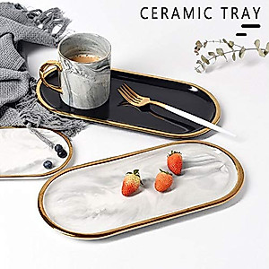Ceramic Tray Marble Style, Roucerlin Golden Edge Jewelry Dish Tray, Dresser Vanity Decorative Tray Dessert Plate Storage Tray Tea Coffee Cake Fruit Tray Cosmetics Ring Organizer (Black)