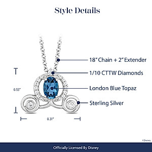 Jewelili Disney Princess Cinderella Inspired Carriage Pendant Necklace for Women with 1/10 CTTW Diamond and London Blue Topaz in Sterling Silver Enchanted Disney Fine Jewelry