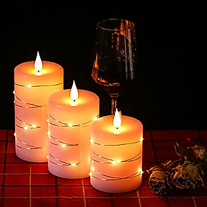 Da by Flameless Candles with String Lights，Battery Operated Candles,LED Flickering Candles with Remote Control and Timer, Real Wax, 3 Pack-Pink
