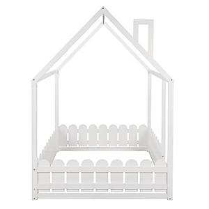 Full Size Wood Bed House Bed Frame with Fence, Cabin Bed, Floor Bed, Nursery Furniture, Kids Tent Bed Play Tent (White Full Size)