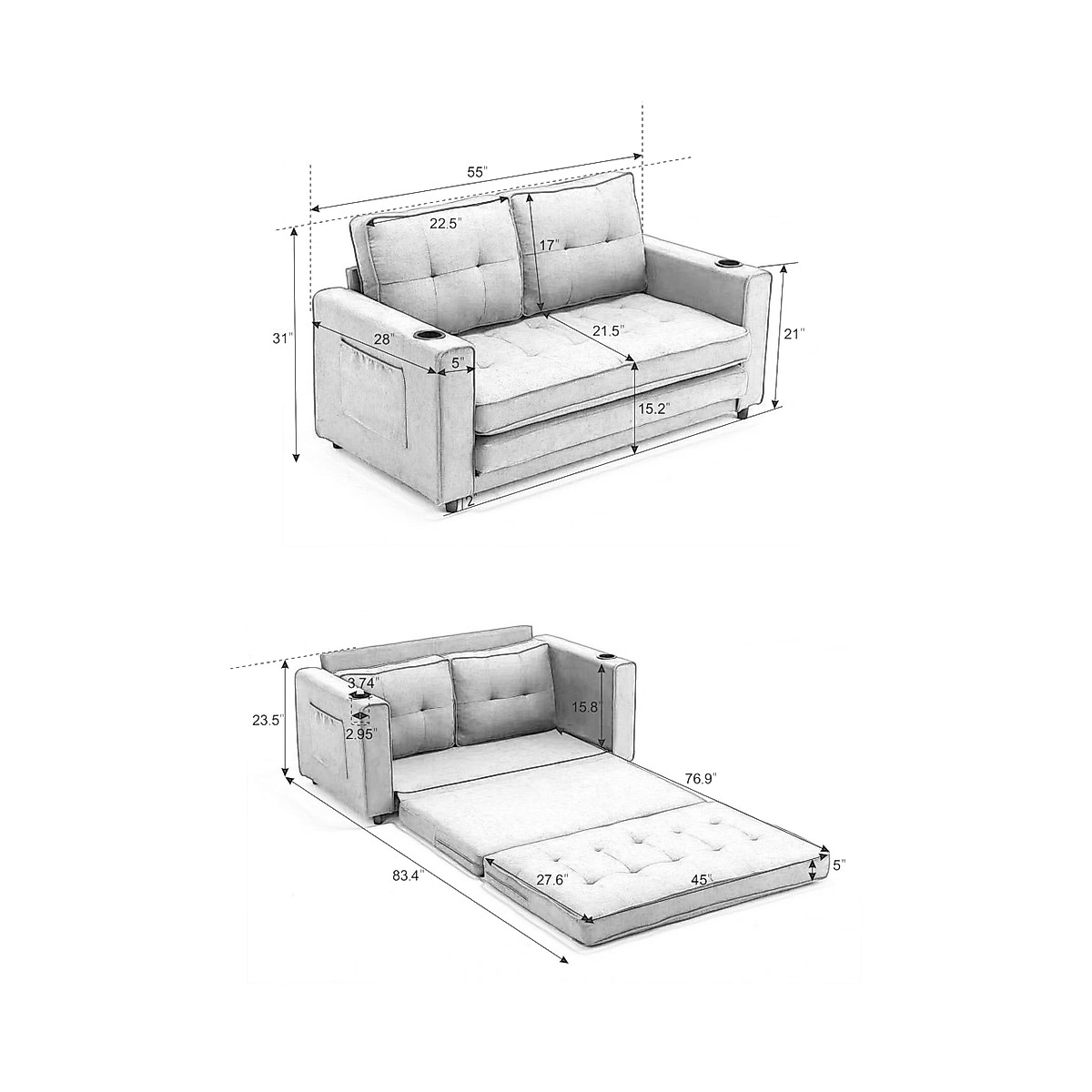 UFINEGO Folding Sleeper Sofa Bed with Cup Holder, Loveseat Pull-Out Sofa Bed with Side Pocket, Sleeper Sofa Couch Futon Convertible Guest Beds