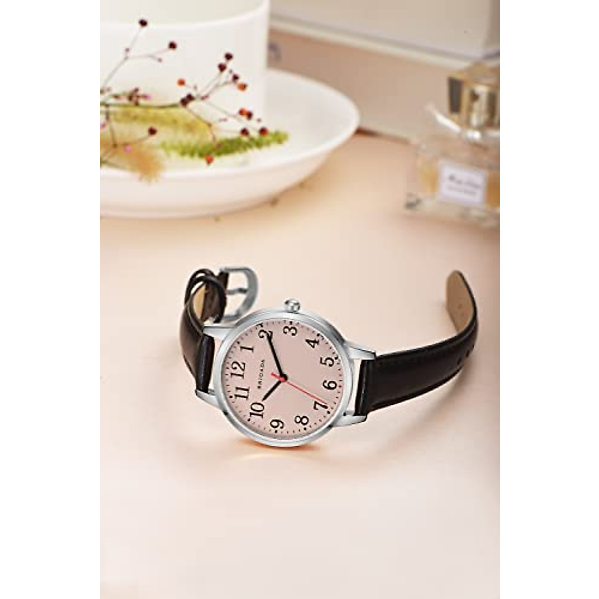 BRIGADA Women's Watch Nice Fashion Elegant Pink Black Leather Band Ladies Watch for Women