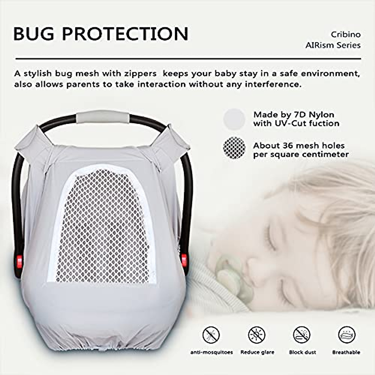 Cribino Car Seat Covers for Babies, Infant Car seat Cover, Canopy with Breathable Peekaboo, Pivacy Sun Shade & Bug Net for Newborn, Carrier Covers for Boys Girls Spring Summer Baby Shower Gifts(Grey)