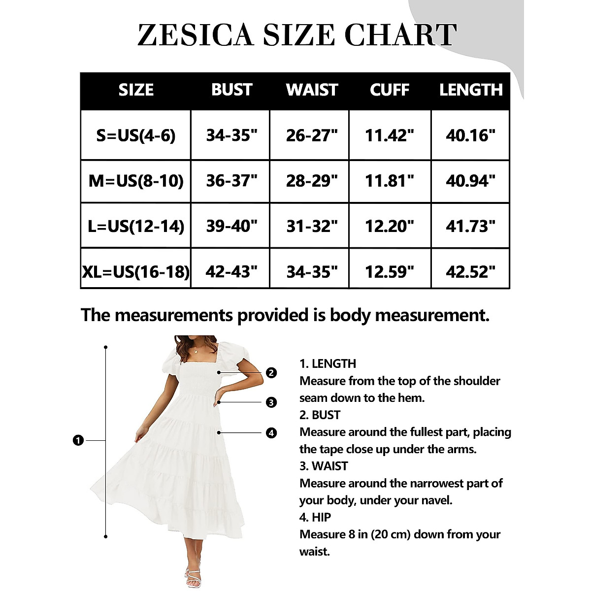 ZESICA Women's 2025 Summer Square Neck Short Puff Sleeve Solid Color High Waist Casual Smocked Flowy A Line Tiered Midi Dress,White,Small