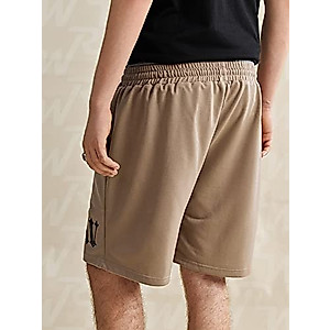 OYOANGLE Men's Letter Graphic Elastic Drawstring Waist Athletic Track Shorts with Pockets Khaki Graphic S