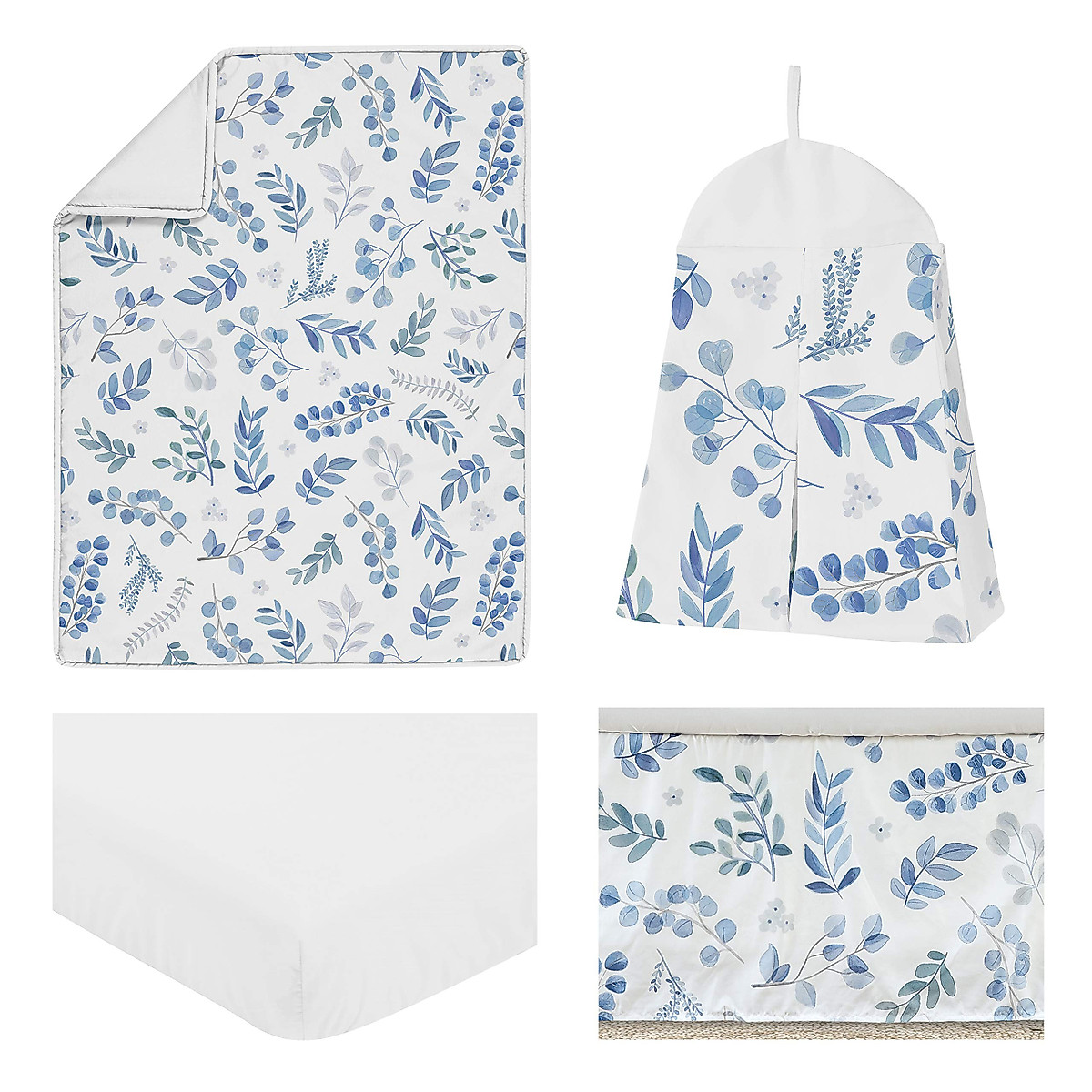 Sweet Jojo Designs Floral Leaf Baby Boy or Girl Nursery Crib Bedding Set - 4 Pieces - Blue Grey and White Boho Watercolor Botanical Flower Woodland Tropical Garden