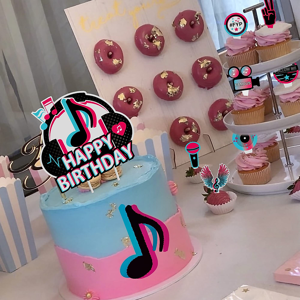 25Pcs Tik Music Happy Birthday Cake Toppers，Musical Tik Cupcake Toppers for Girl's Music Karaoke Themed Party Supplies，Music Birthday Party Decorations