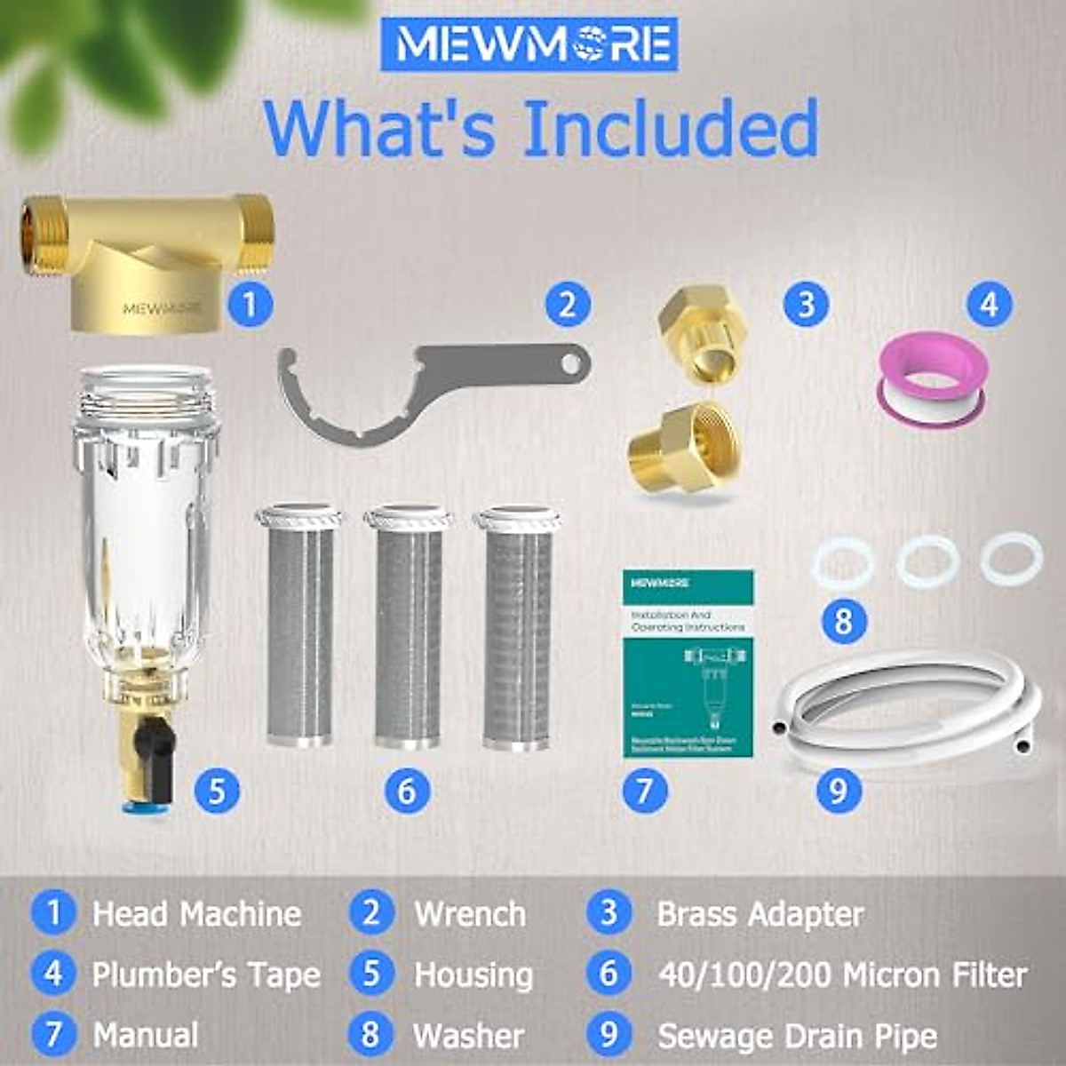 MewMore WHC40 Sediment Filter, 40 & 100 & 200 Micron Reusable Spin Down Sediment Water Filter, Whole House Water Filter for Well Water, Home Pre-filtration System, 1" MNPT + 3/4" FNPT + 3/4"MNPT