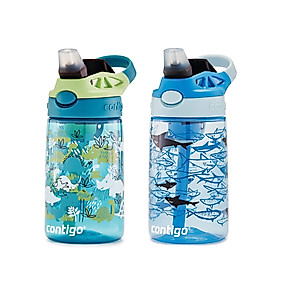 Contigo Kids Straw Water Bottle with AUTOSPOUT Lid, 14oz., 2 Pack, Dinos & Sharks