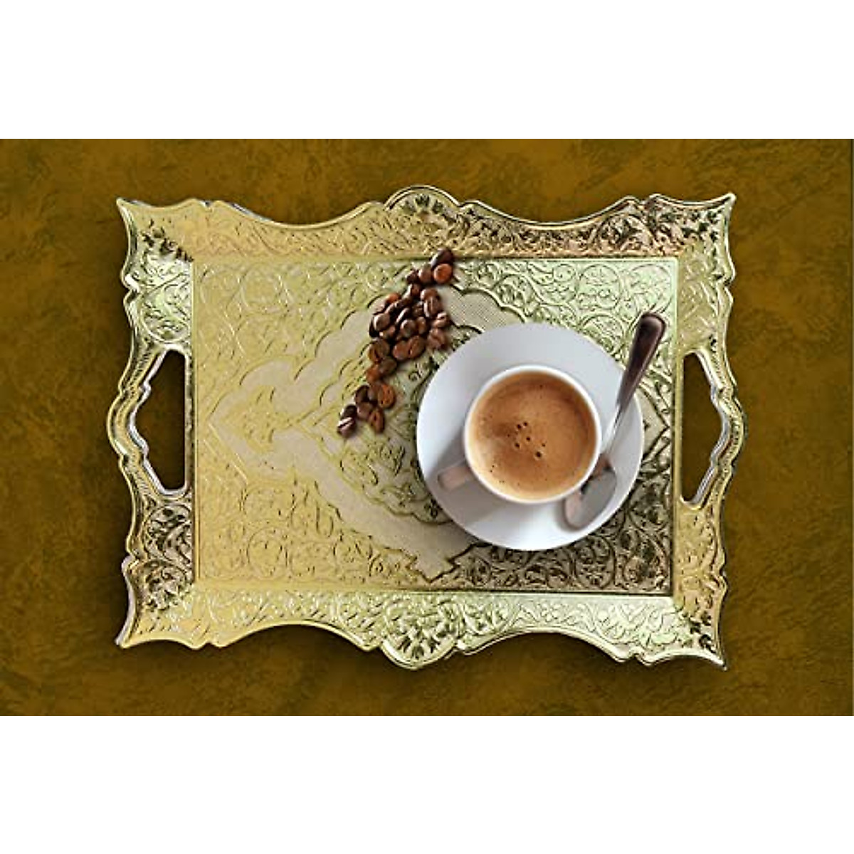 ChanceGift Turkish Tea Coffee Beverage Dinning Gold Serving Tray and Platters with Handled Ottoman Motif Decorative Middle Table Rectangular (16.1x11.6x1Inc) 40x29.5x2cm