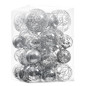 Wironlst Christmas Ball Ornaments Shatterproof Clear Large Plastic Hanging Ball Decorative Baubles Set with Stuffed Delicate Decorations (Multi-Size, Silver)