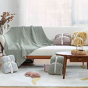 Amélie Home Soft Cozy Waffle Knit Throw Blanket with Ruffled Fringe, Decorative Lightweight Knitted Throw Blankets for Couch Bed Sofa (Yellow, 50'' x 60'')