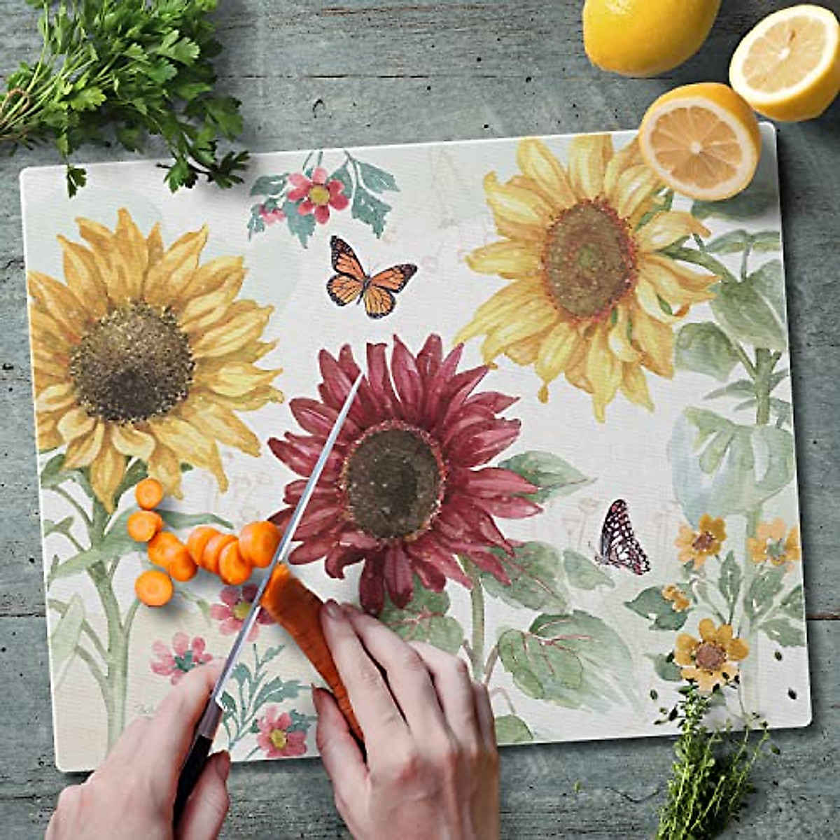 CounterArt Sunflower Splendor 3mm Heat Tolerant Tempered Glass Cutting Board 15” x 12” Manufactured in the USA Dishwasher Safe