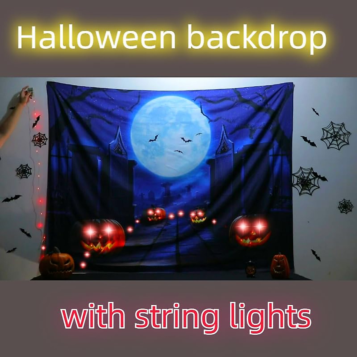 Light Up Halloween Backdrop 7x5 FT,Halloween Back Drop for Iron Gate,Pumpkin Head, Ideal for Halloween Photo Backdrop, Halloween Party Decorations,Halloween Backdrops for Photography