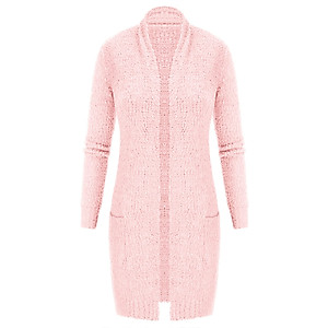 GRACE KARIN Long Cardigan Sweater for Women Fuzzy Chunky Knit Pink Sweater Soft Fleece Popcorn Cardigan Light Pink L