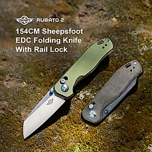 OKNIFE Rubato 2 EDC Pocket Knife, Rail Lock Folding Knives for Men Women Sheepsfoot Knife Camping Hiking Survival 154CM Blade (Micarta Handle), OD Green