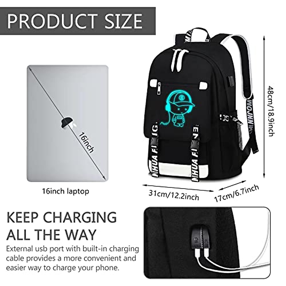 RM Family Backpack for Boys, 15.6 Laptop Backpack with USB Charging Port, Bookbag for School with Anti-Theft Lock,Teens Backpack Cool Backpack for Boys Includes Pencil Bag,luminous backpack