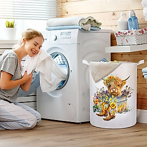 Blushtier 2 Pcs Highland Cow Laundry Basket Foldable Waterproof Oxford Cloth Cow Basket Cow Print Hamper Scottish Cattle Storage Bin Clothes Storage Bucket Toy Organizer Nursery Bathroom 13.8" x 17.7"