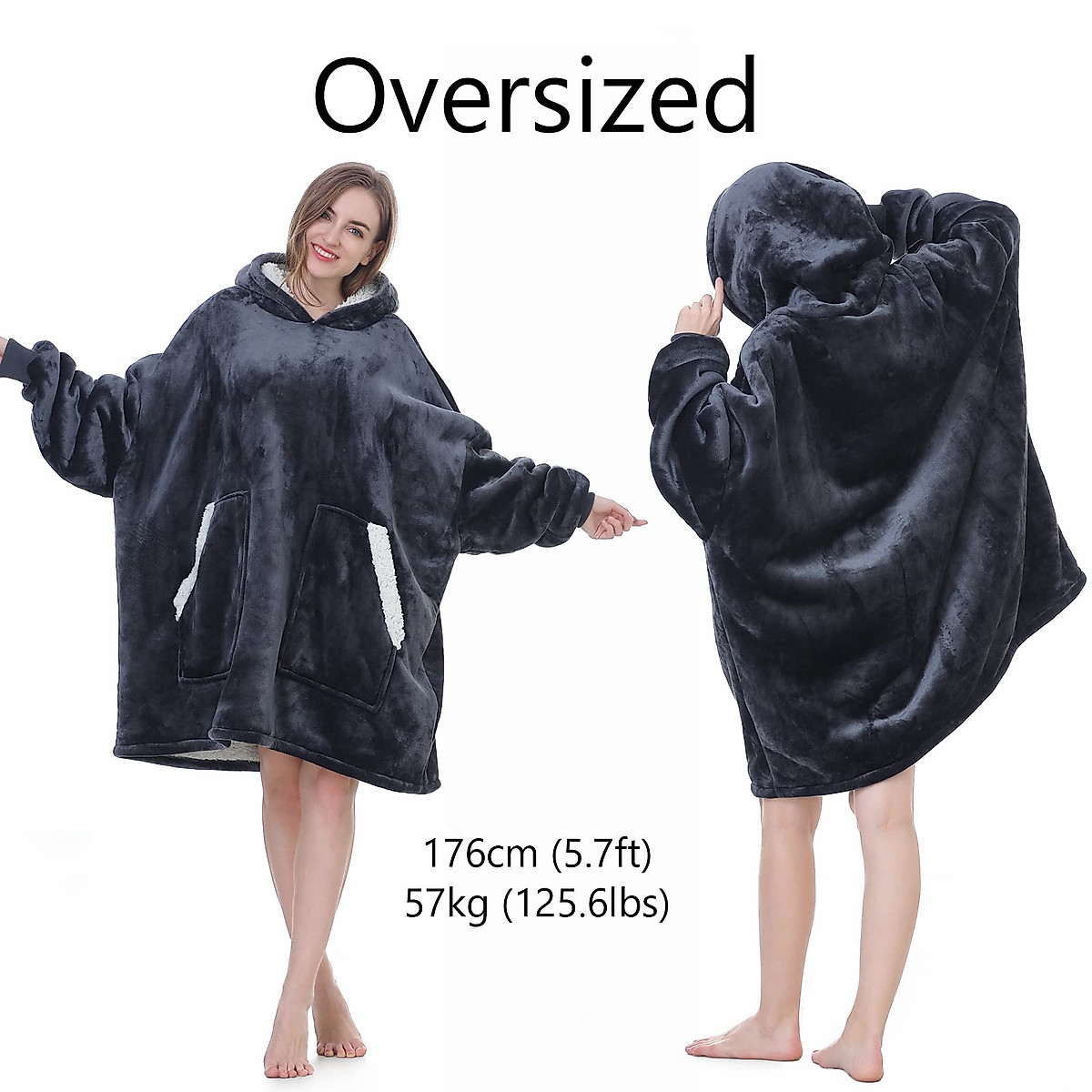 Kipswiza Oversized Sherpa Blanket Hoodie for Adult Women Men Teen - Thick Warm Wearable Hooded Sweatshirt Blanket Black