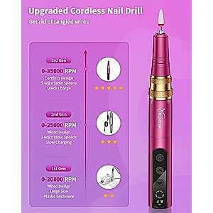 YBLNTEK Electric Nail File, 35,000 RPM Portable Electric Nail Drill for Acrylic Gel Nails, Cordless Nail Drill for Home Salon Manicure and Pedicure, Red