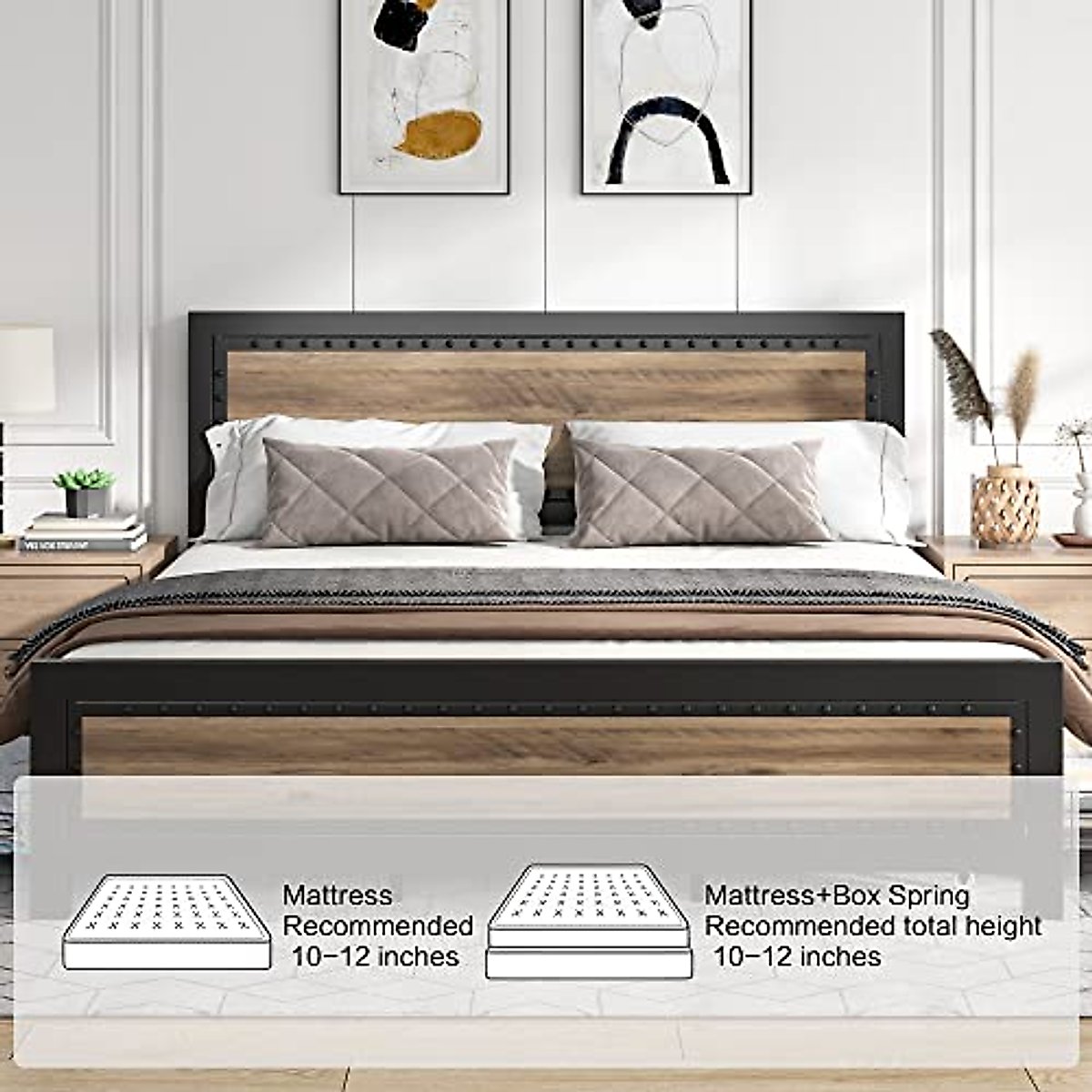 Keyluv Queen Size Bed Frame with 4 Storage Drawers, Rivet Modern Headboard and Footboard Platform Bed with Solid Wood Slats Support, No Box Spring Needed, Metal Frame Mattress Foundation Noise-Free