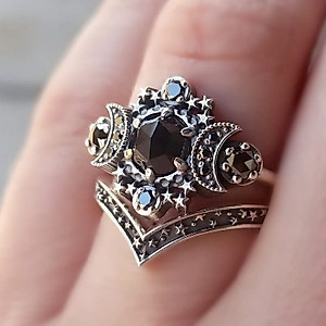 twinkle eye Triple Moon Goddess Ring Set Black Crystal Star Wicca Pagan Cresent For Women Wedding Engagement Wiccan Jewelry(Size 9)