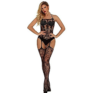 DMLBC Women Fishnet Bodysuits,Floral Lace Lingerie,Women's Sexy Mesh Babydoll,Bodysuit Dress,One Piece Babydoll One Size Black