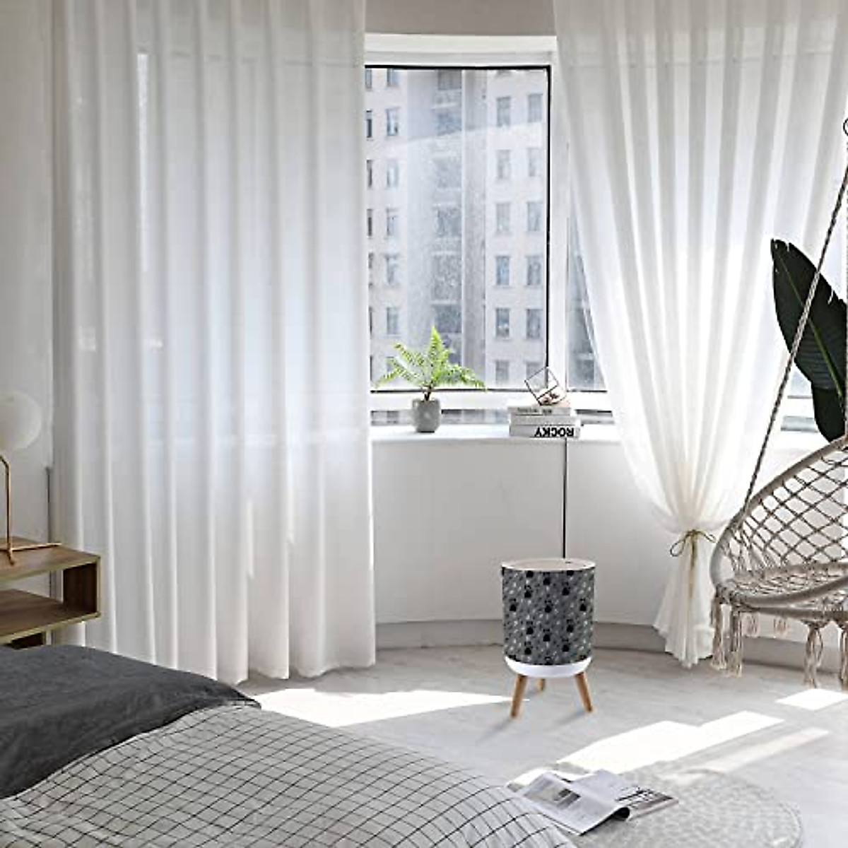 IBPNKFAZ89 Bathroom Trash Can with Lid Seamless with a Black Singing cat Surrounded by Notes on a Gray Small Garbage Bin Wood Waste Bin Press Cover Round Wastebasket for Bedroom Office Kitchen