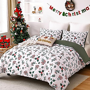 WONGS BEDDING Christmas Duvet Cover Set King,Merry Christmas Holly Berry Printed Bedding Duvet Cover,3 Pieces New Year Bedding Set with 2 Pillowcases 104”X 90”