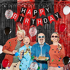 Happy Birthday Banner Party Decorations,85 Pieces Black and Red Balloons Kit Set Rain Curtain Backdrop and 2 Pieces Plastic Disposable Tablecloth for Boy Women Men Birthday Party Decorations Supplies