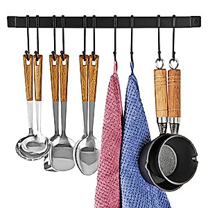 JEPRECO Kitchen Rail with 10 Hooks, Wall Mounted Iron Utensil Holder Hanging Pot Pan Rack Mug Cup Organizer,17 Inch Black