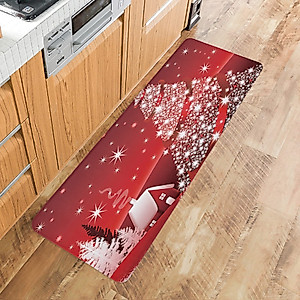 Kitchen Rug Sets 2 Piece Non-Slip Kitchen Mats and Rug Red Merry Christmas Tree Bright Country Winter Farmhouse Decorative Area Runner Rubber Backing Carpets Floor Doormat