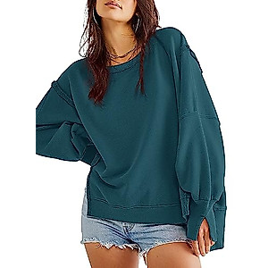 Beaully Womens Oversized Crewneck Sweatshirt Side Slit Long Sleeve Winter Clothes 2023 Outfits Pullovers Top 6088 Dark Blue Medium