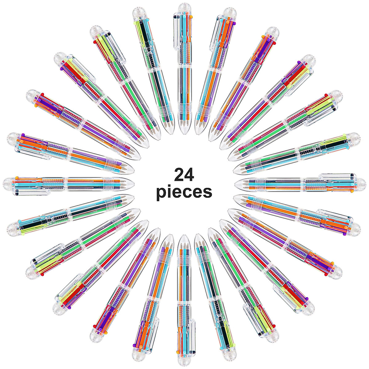 IHPUKIDI 24 Pack 0.5mm 6-in-1 Multicolor Ballpoint Pen, 6 Color Transparent Barrel Retractable Ballpoint Pens for Office School Supplies Students Gift (24 Pack)
