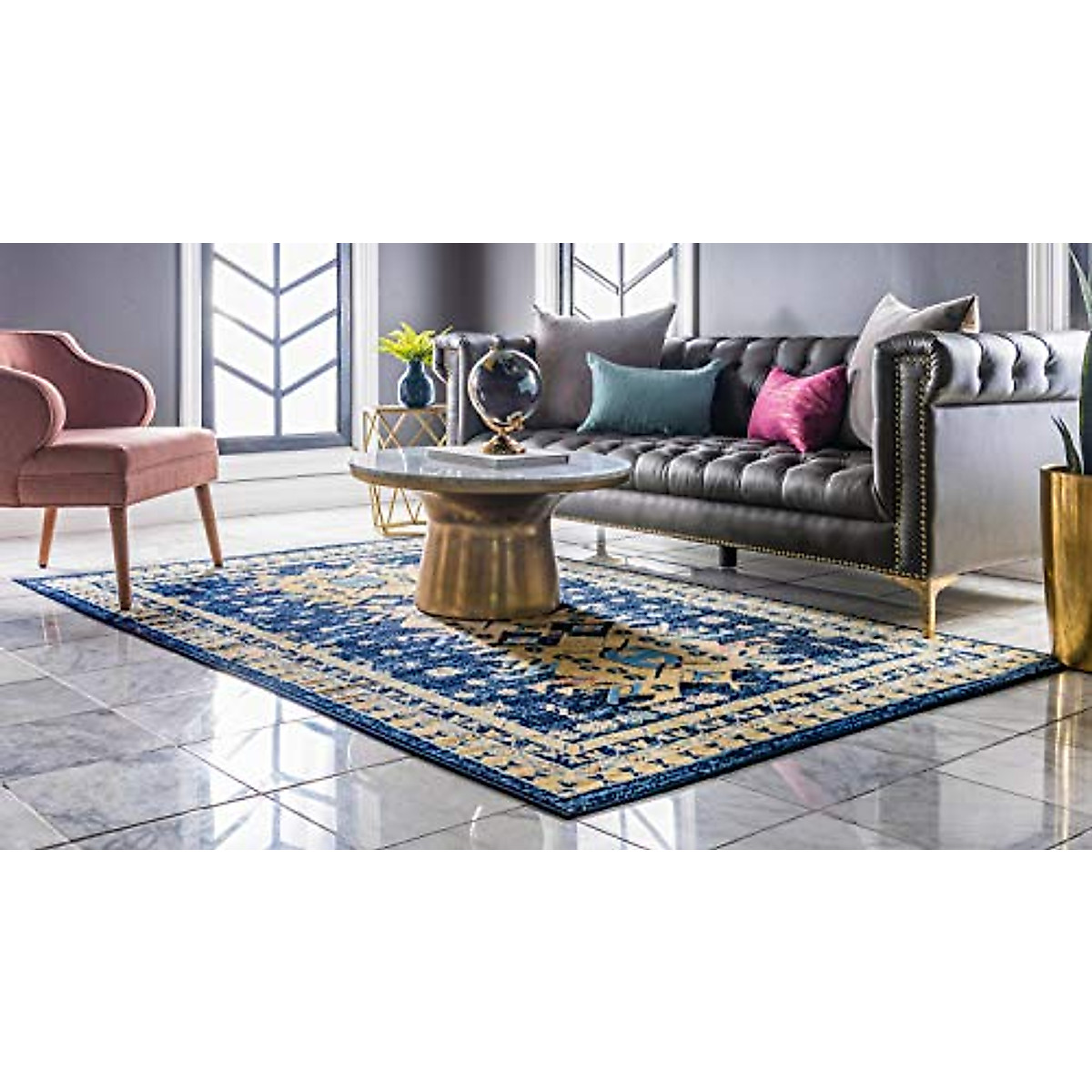 Unique Loom Taftan Collection Border Geometric Tribal Inspired Design Area Rug, 9 ft x 12 ft, Navy Blue/Gold