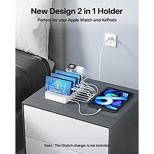 SooPii 8-Port USB-C Charging Station for Multiple Devices, with 1 PD 20W Port Supports Fast Charging, 8pcs Mixed Charging Cables and 1pcs Upgraded Holder for lWatch Charger & Air-Pods, White