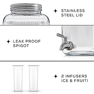 Fluted 1-Gallon Drink Dispenser. Glass Beverage Dispenser with Stainless steel Spigot plus Ice Cylinder and Fruit Infuser! Water Dispenser, Lemonade Stand, Juice Container - Dispensers for Parties