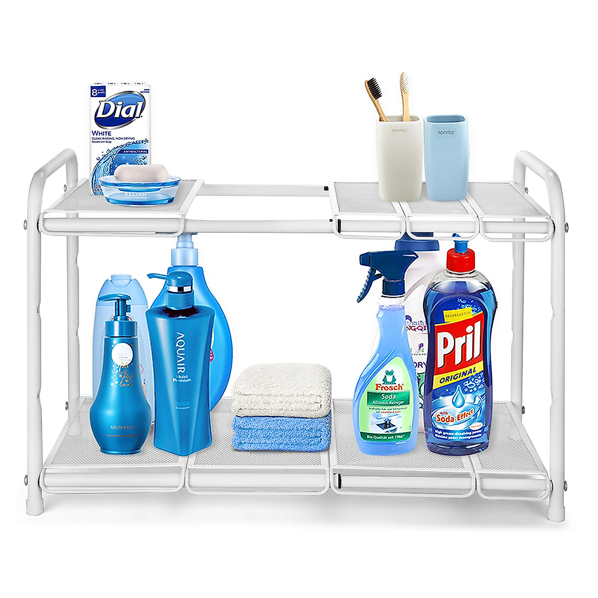 Simple Trending 2-Tier Under Sink Expandable Cabinet Shelf Organizer Rack with 8 Removable Panels for Kitchen Bathroom Storage, White