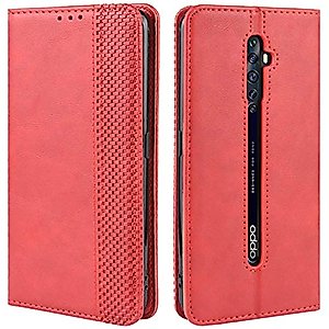 HualuBro Oppo Reno 2Z Case, Retro PU Leather Wallet Flip Folio Shockproof Phone Case Cover with [Kickstand] [Card Slots] [Magnetic Closure] for Oppo Reno2 F / Reno2 Z (Red)