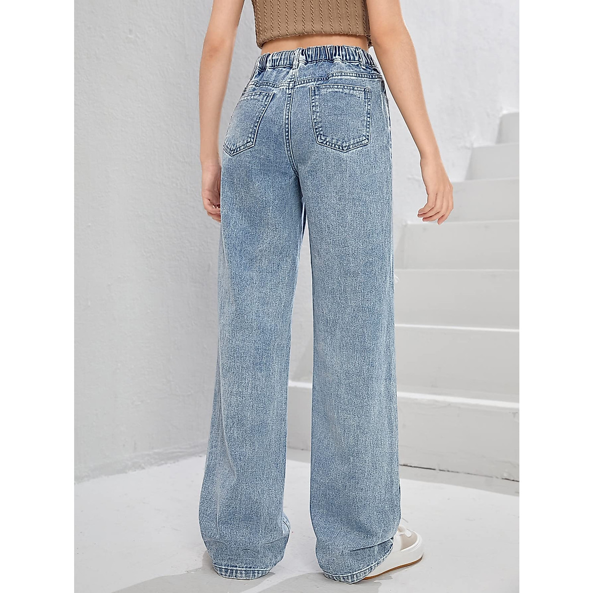 Verdusa Girl's Casual Distressed Ripped Elastic Waist Wide Leg Denim Pants Jeans Light Wash 14Y