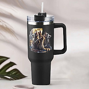 40 Oz Insulated Tumbler with Handle and Straw,Three Little Raccoon Stainless Steel Vacuum Insulated Travel Mug,Leak-proof Water Bottle Iced Coffee Cup,The Moonlight Animal