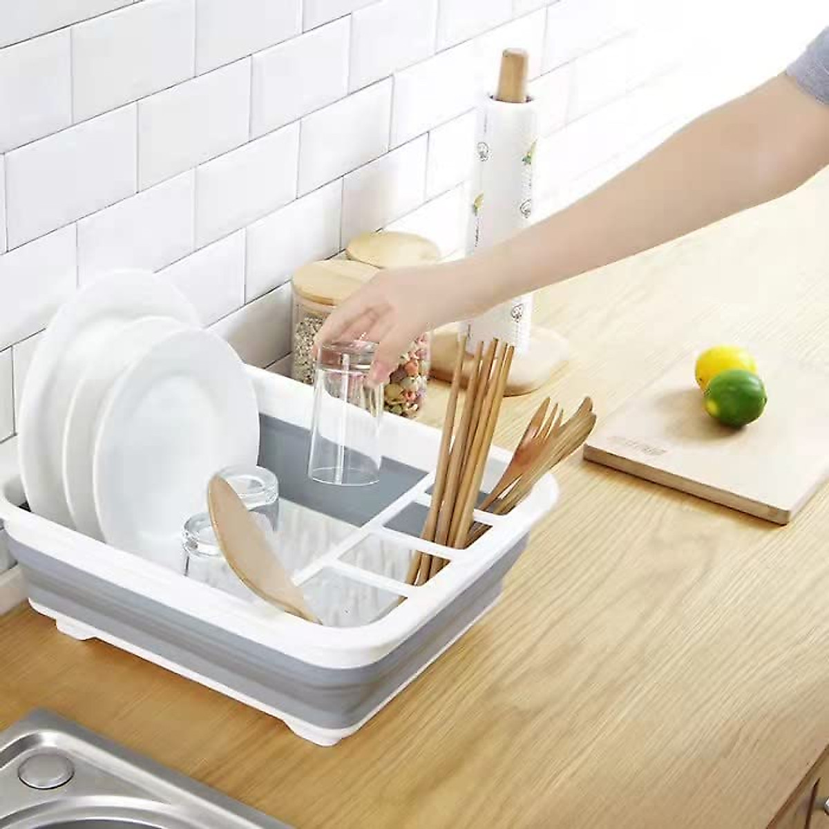 Dish Drainer Collapsible Dish Rack Drainer Foldable & Portable Dish & Cutlery Organizer Space Saving Kitchen Accessory for Inside Camper & Travel Trailers, White Gray